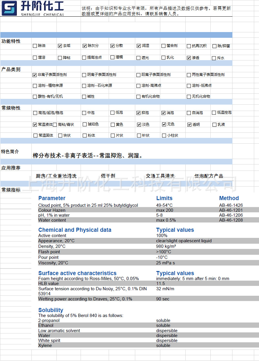 润湿抑泡 Berol 840 榨分布C8非离子表活-阿里巴巴