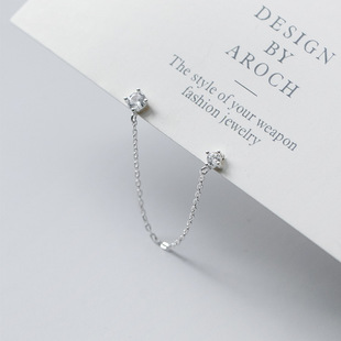 S925银韩版气质双耳洞镶钻耳环女甜美链条少女耳饰品G7100-阿里巴巴