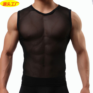 howe ray男士网纱透明无袖圆领背心男士情趣背心透明紧身上衣E671-阿里巴巴
