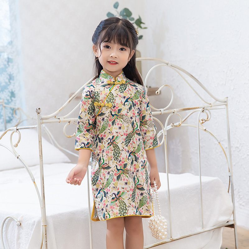 Girls kids chinese dress oriental qipao dresses Mid-sleeve cheongsam ...