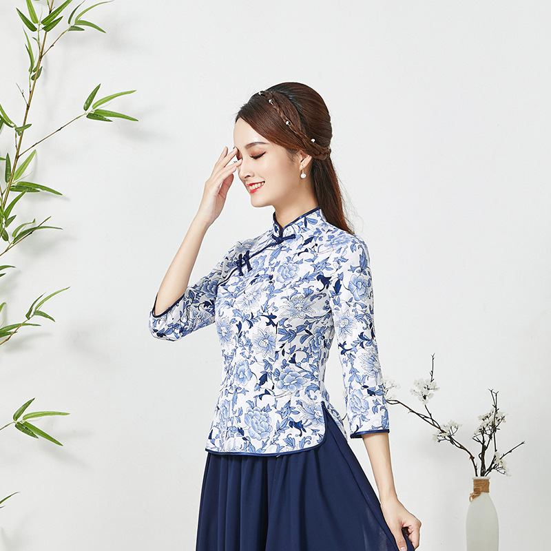 Women Blue and white porcelain printed Chinese qipao tops oriental ...