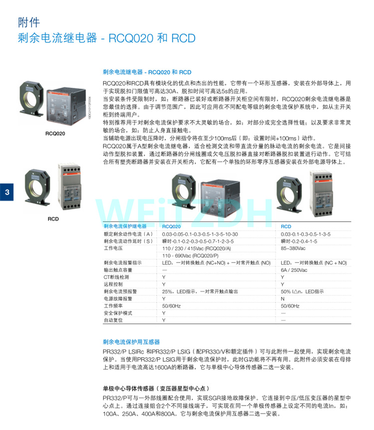 ABB漏电继电器 RCQ 020/A TOR CL60mm 415VAC 剩余电流保护脱扣-阿里巴巴