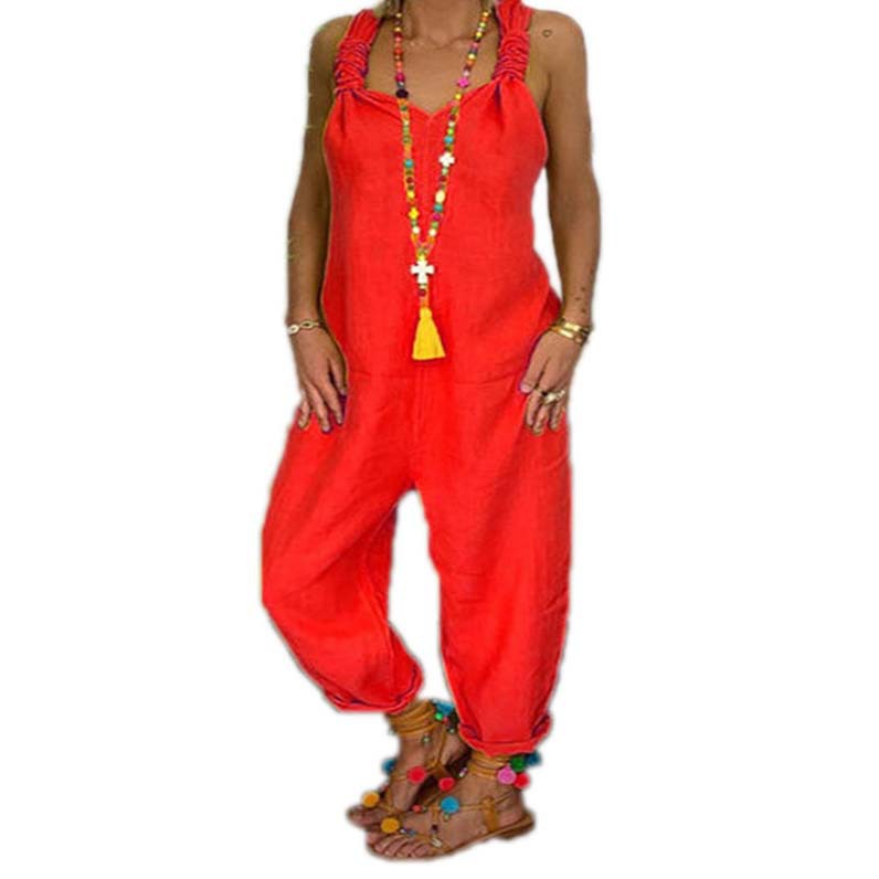 Europe and the United States summer loose casual solid color suspender ...