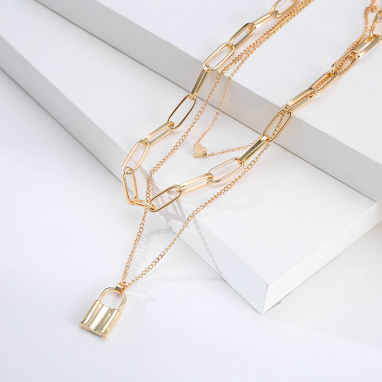 thick chain lock multilayer necklace NHBD314246