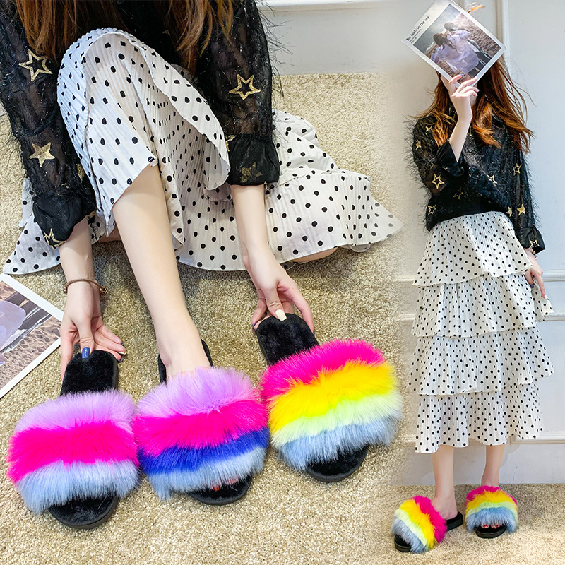 Wholesale autumn new furry fashion outer wear flat-heel color flip ...