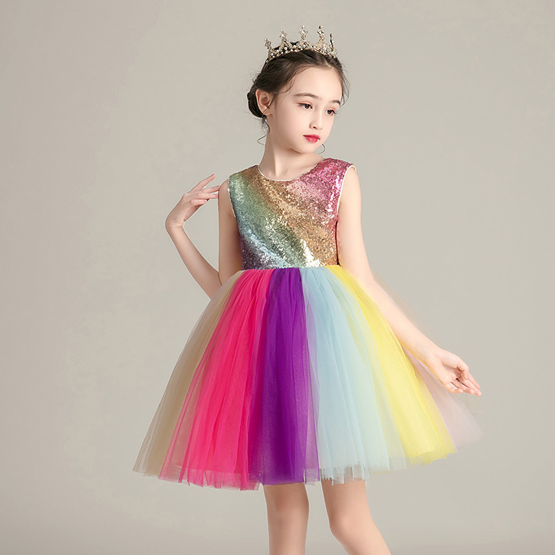 Girls rainbow colored sequined modern jazz dance dress singers host ...