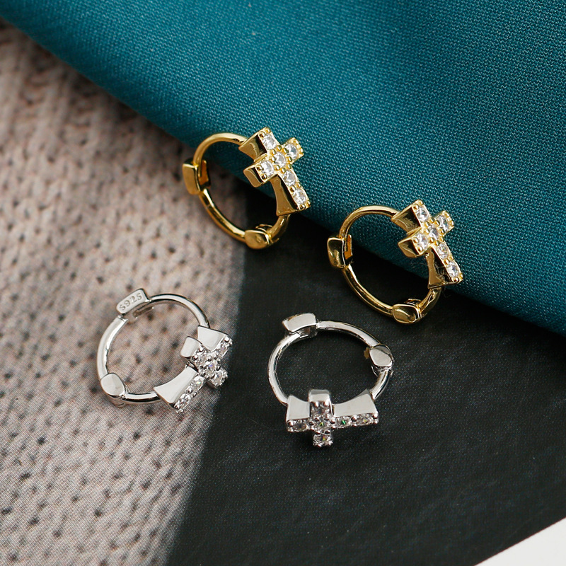 EH1208 欧美十字形耳环个性时尚镶钻S925纯银圆圈形耳扣耳饰-阿里巴巴