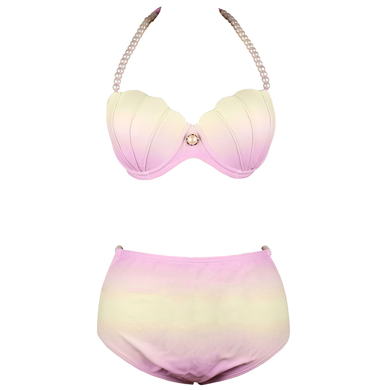 Trisass 2020新款渐变贝壳高腰裤比基尼分体女泳衣 钢托大码聚拢-阿里巴巴