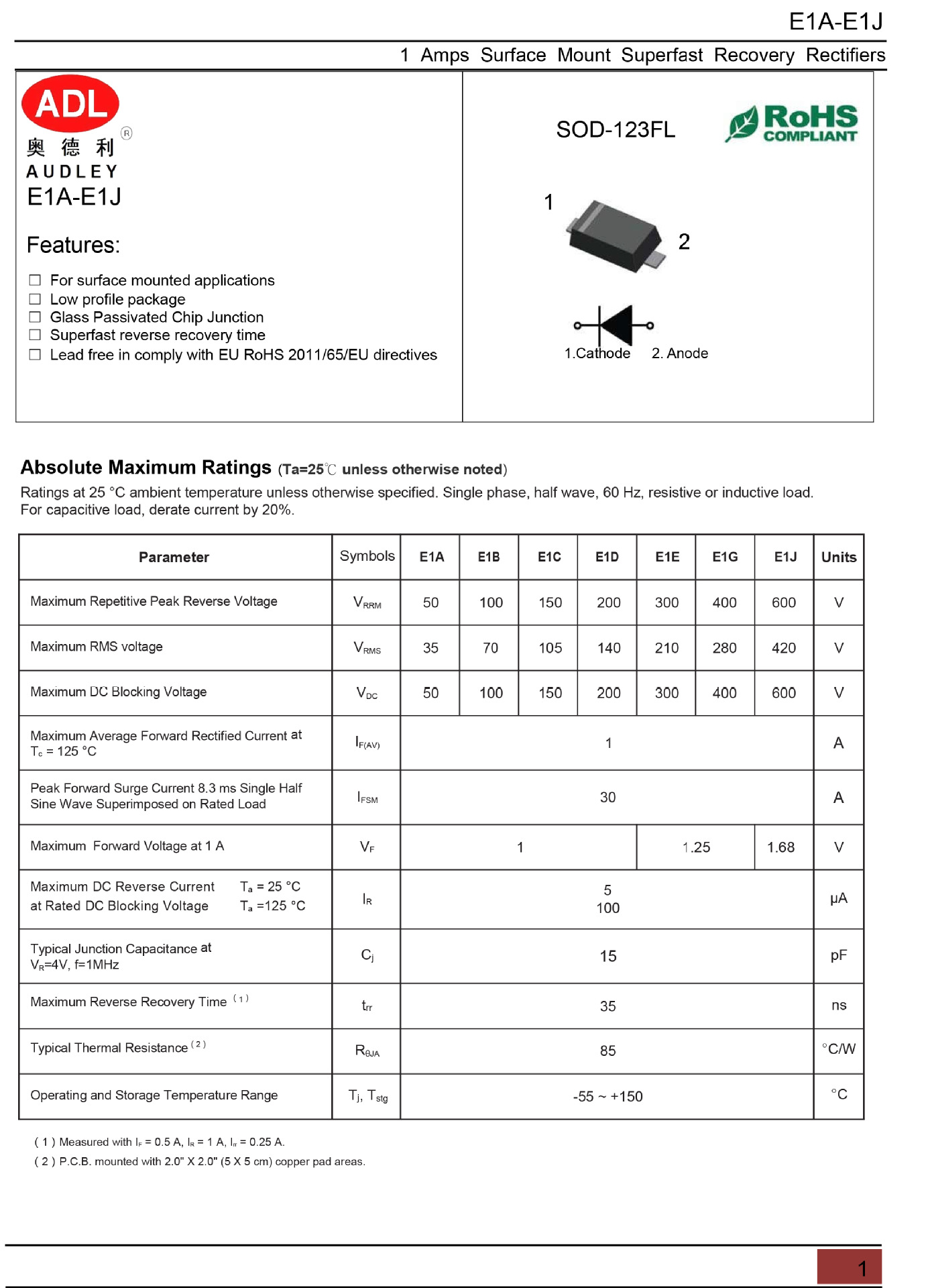 奥德利 厂家直销E1G 快恢复二极管SOD123FL封装1A400V 二极管ES1G-阿里巴巴