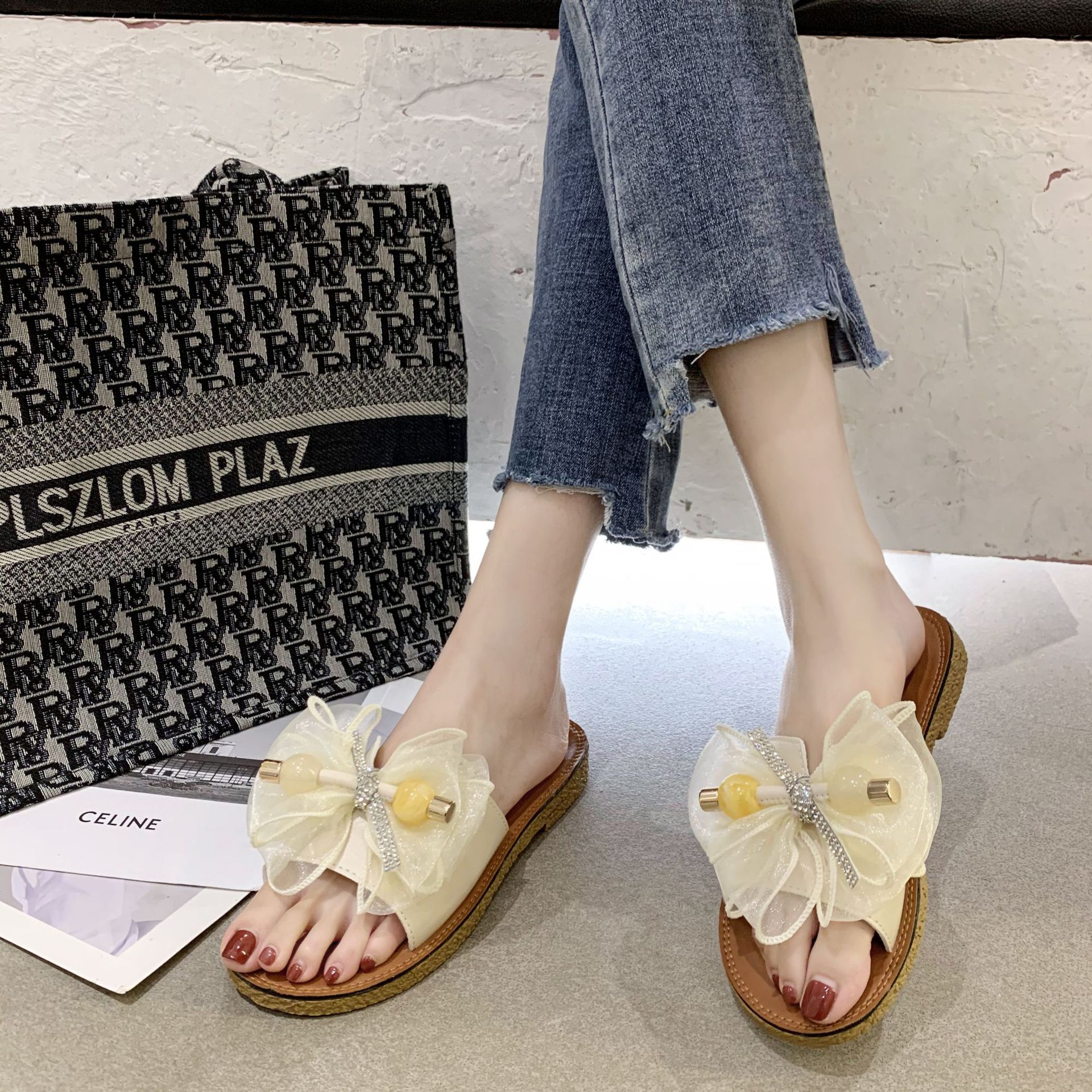 summer cool trawl gauze bow beaded rhinestone wild indoor Korean ...