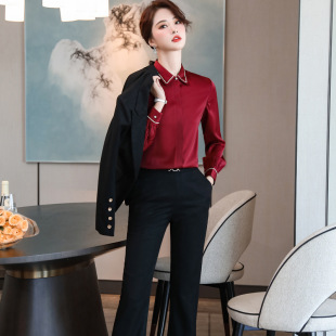 红色雪纺衬衫女长袖衬衣2020秋冬新款时尚洋气气质打底职业OL上衣-阿里巴巴
