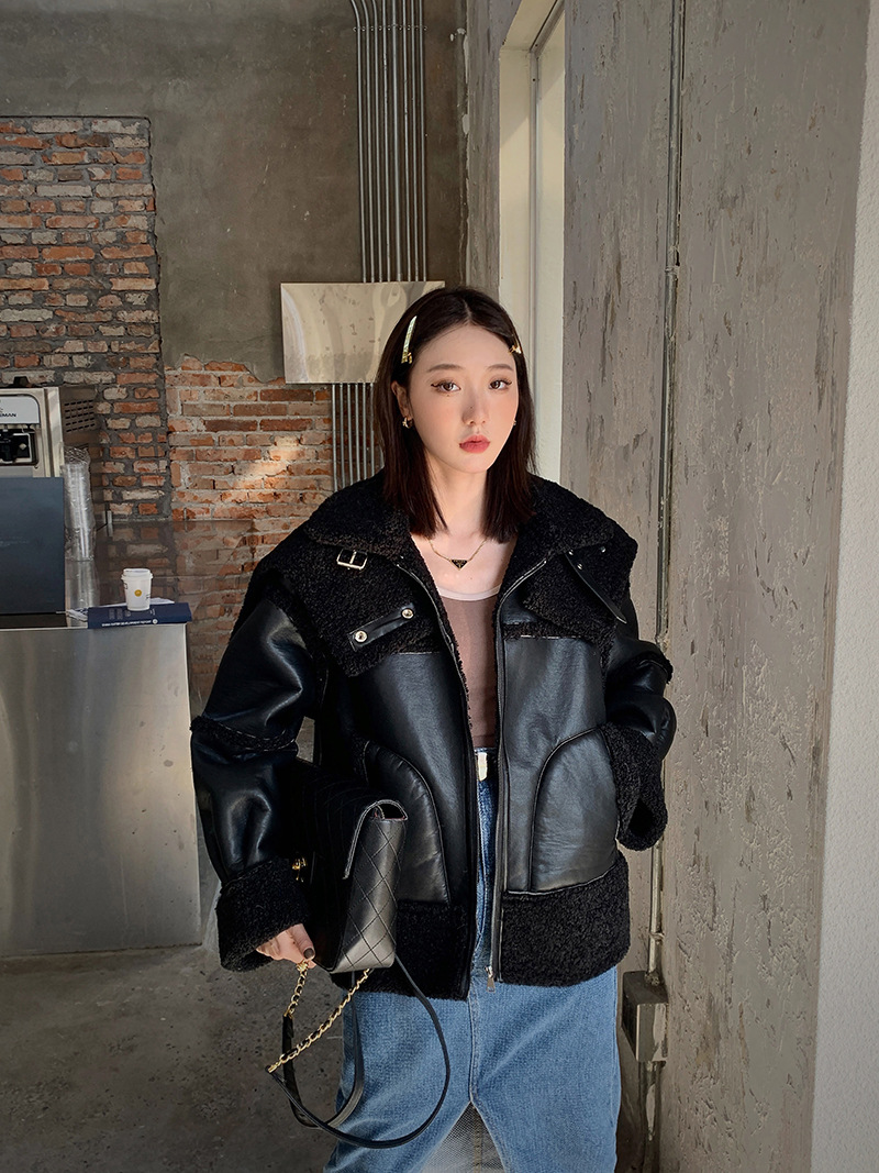 AF538气质韩版东大门宽松翻领绿色皮毛一体外套女设计感冬季新款-阿里巴巴