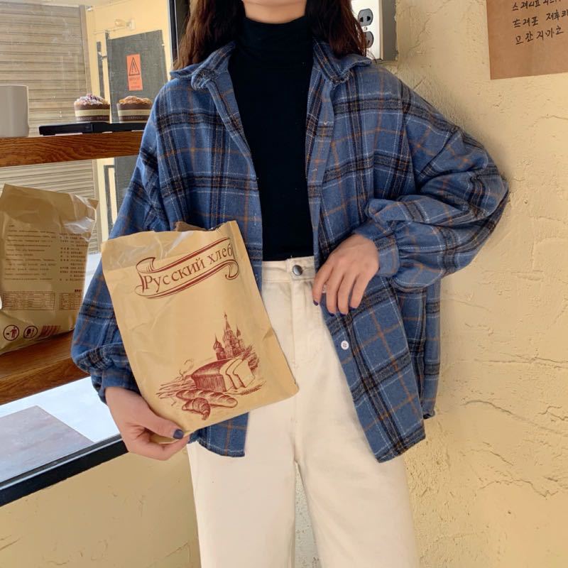 复古港风格子长袖衬衫女新款秋季韩版宽松中长款开衫上衣女式衬衫-阿里巴巴