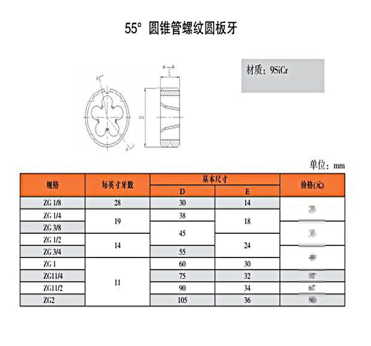 55°圆锥管螺纹ZG1/8 1/4 ZG3/8 1/2 ZG3/4 上工ZG管螺纹圆板牙-阿里巴巴