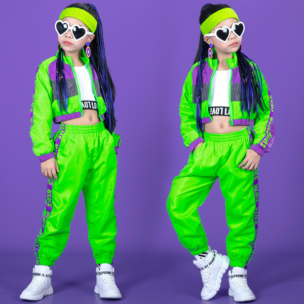 Children girls hip hop street performance costumes fluorescent green ...