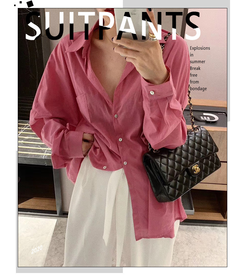 T4196 夏季玫红色海棠红衬衫女宽松衬衣女防晒衣薄款空调衫-阿里巴巴