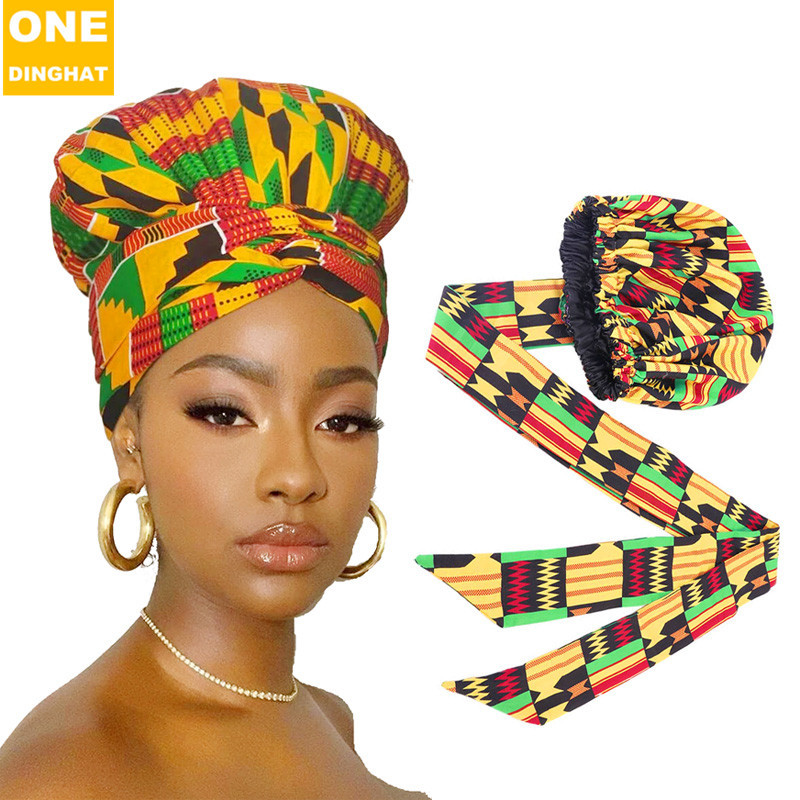 African printed colored ribbon round hat double-layer colored turban ...