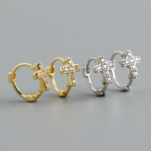 EH1208 欧美十字形耳环个性时尚镶钻S925纯银圆圈形耳扣耳饰-阿里巴巴