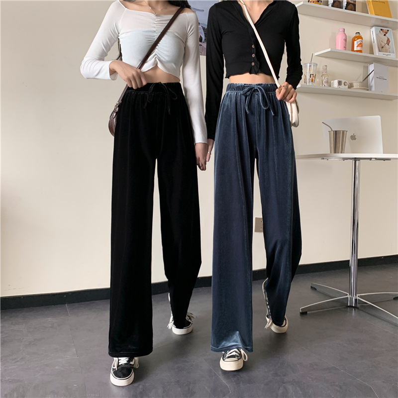 2024年秋冬新款金丝绒休闲裤女学生黑色高腰宽松垂感拖地阔腿裤子-阿里巴巴