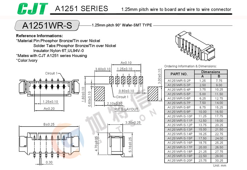 A1251WR-S-6P CJT长江连接器原装 MX1.25mm卧式贴片6P针座连接器-阿里巴巴