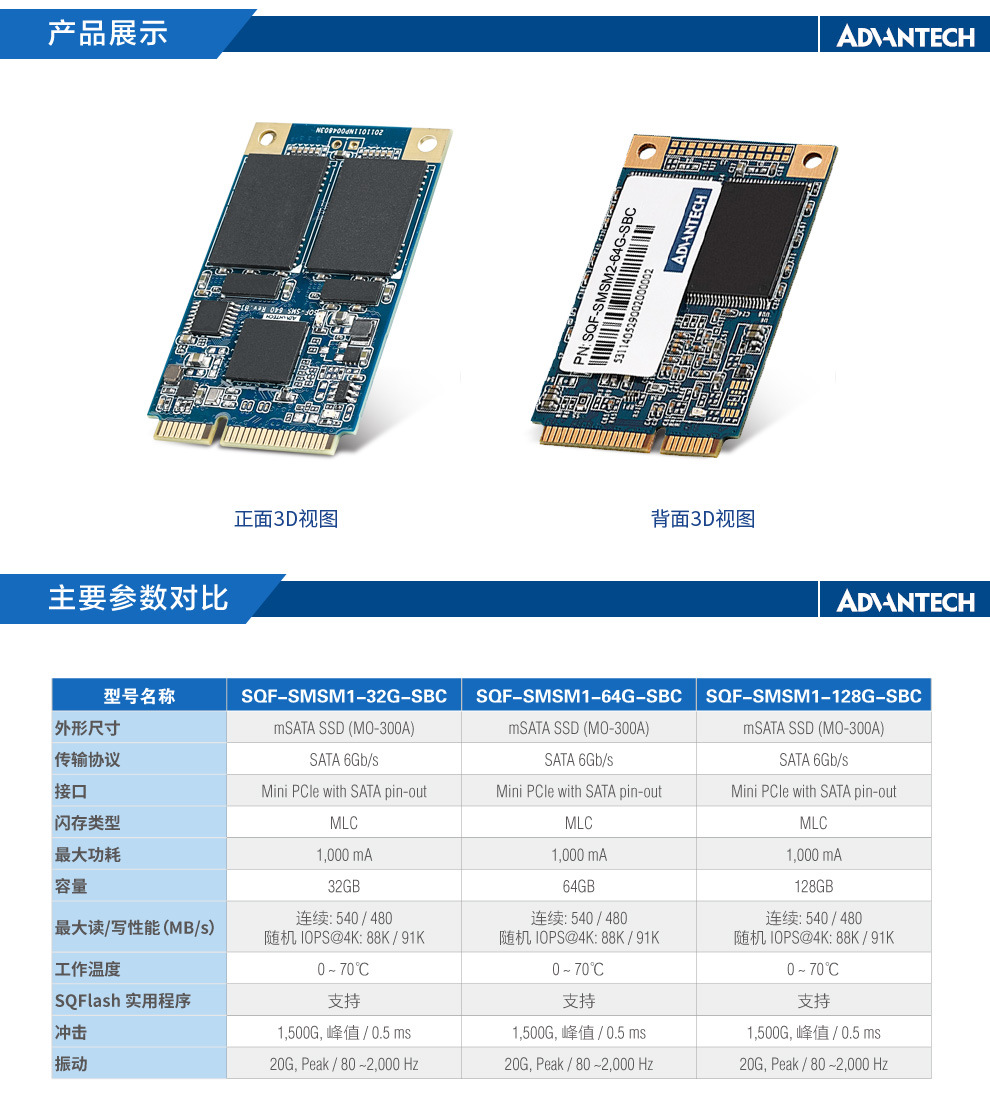 研华64G工业级固态硬盘Msata 原装正品SQF-SMSM系列 - 深圳市辉腾智能科技有限公司