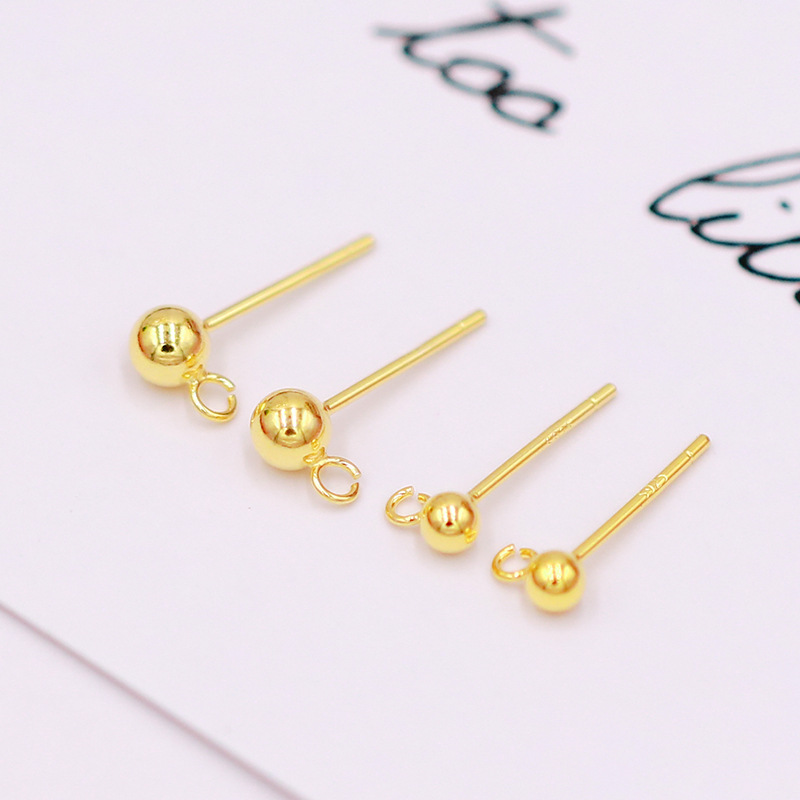 S925银针镀18K真金3/4mm豆豆耳针带吊开口耳钉diy耳饰饰品配件-阿里巴巴