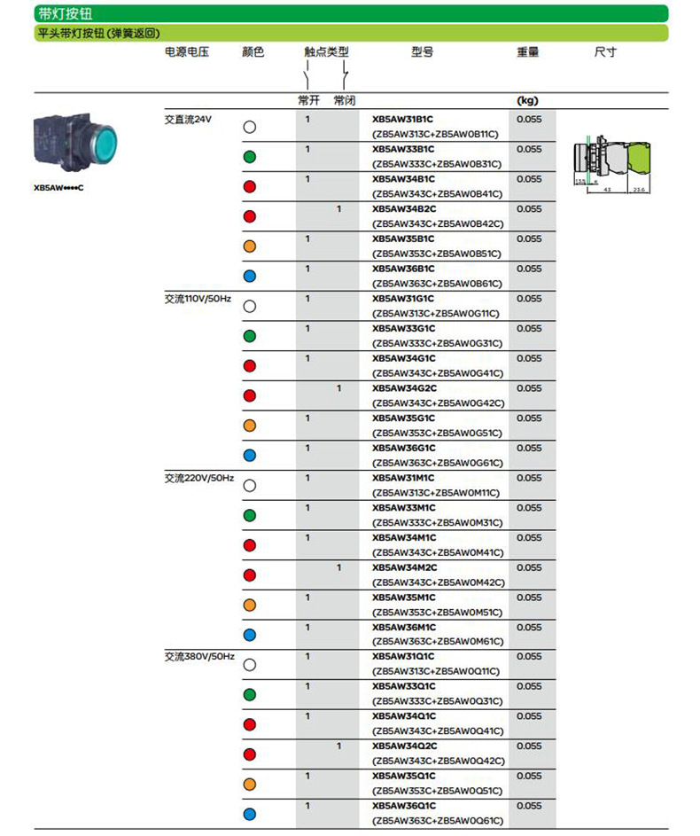 Schneider原装AC/DC24V绿色LED指示灯XB2BVB3LC 22mmLED通用型-阿里巴巴