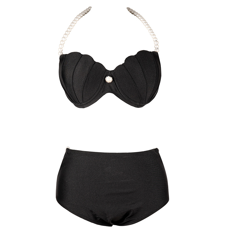 Trisass 2020新款大码贝壳高腰比基尼分体泳衣女泳装黑色有光面料-阿里巴巴