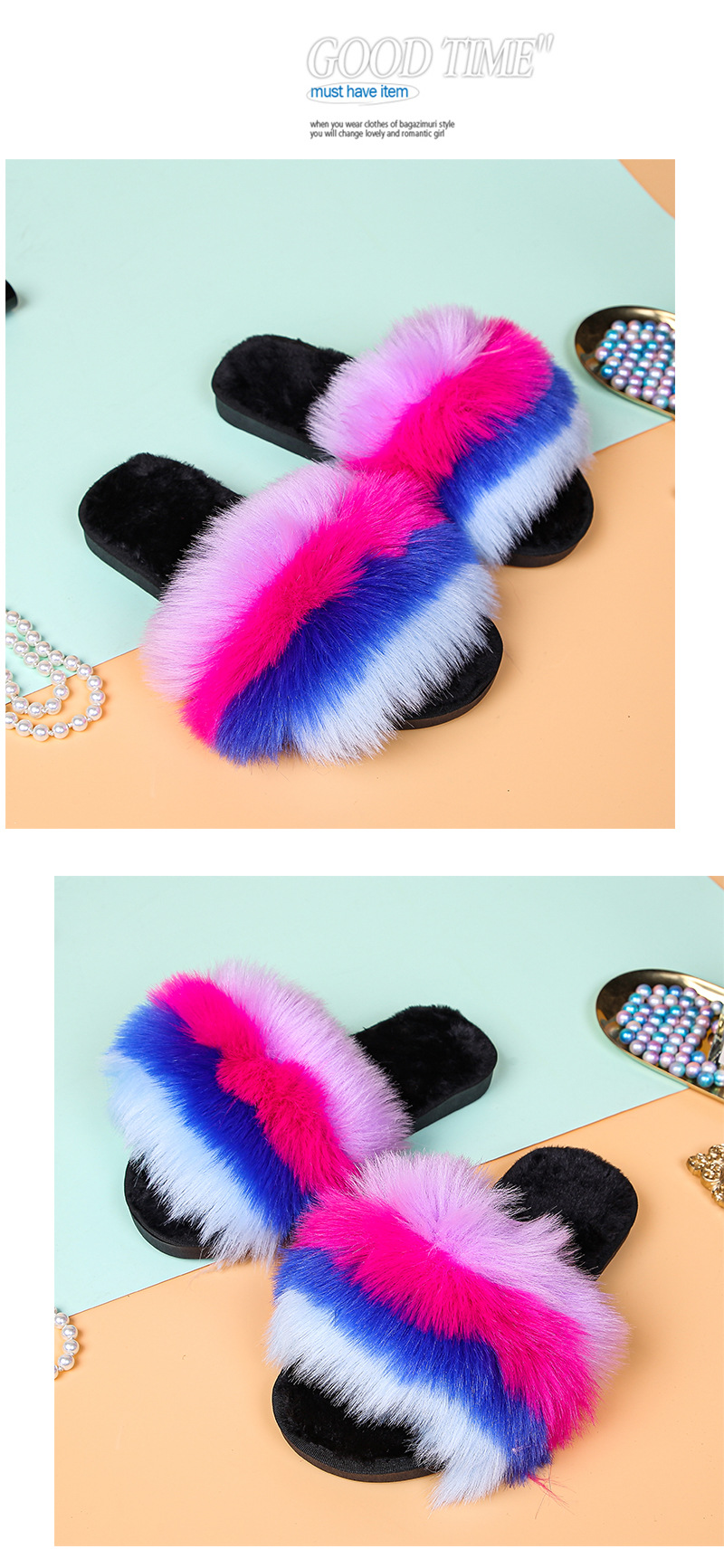 Wholesale autumn new furry fashion outer wear flat-heel color flip ...