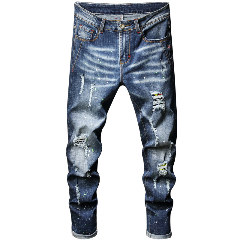 Supply Cross-Border Factory Men's Jeans Ripped Straight-Leg Trousers ...