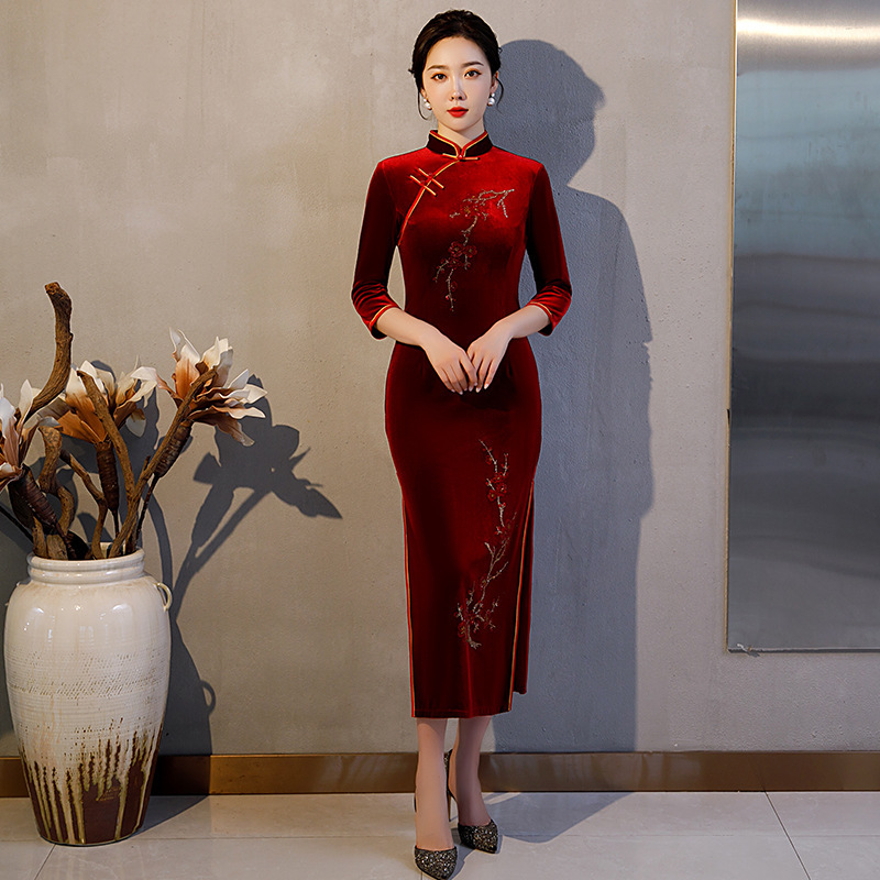 Chinese Dress Qipao for women Cheongsam spring and autumn long golden ...