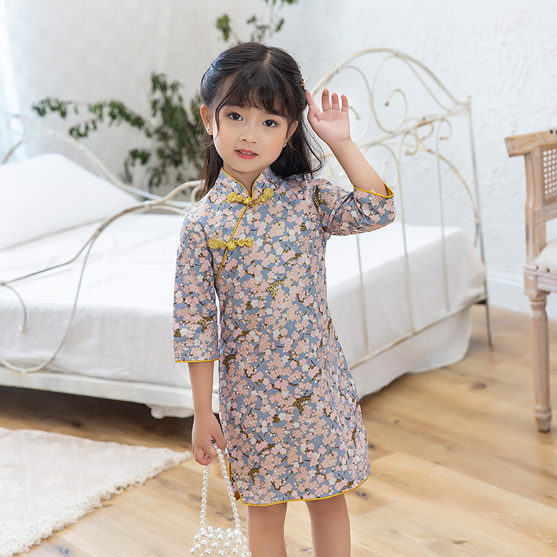 Girls kids chinese dress oriental qipao dresses Mid-sleeve cheongsam ...