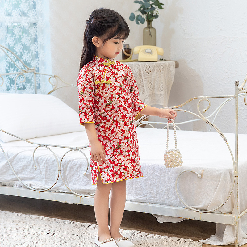 Girls kids chinese dress oriental qipao dresses Mid-sleeve cheongsam ...