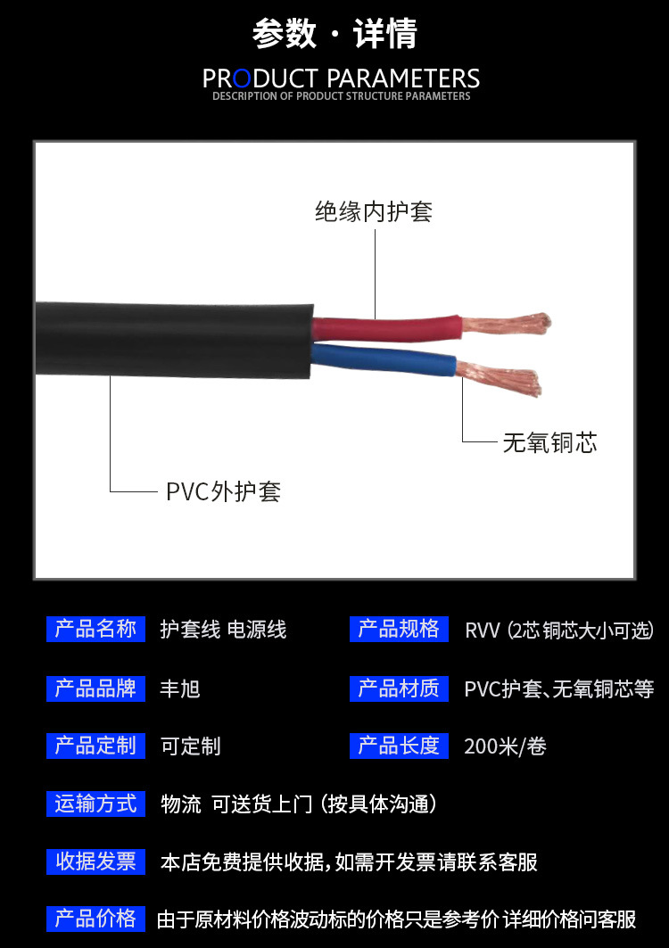 厂家 丰旭直销ZRC-RVV2芯护套线无氧铜芯电线电缆1/2/4/6平方电线-阿里巴巴
