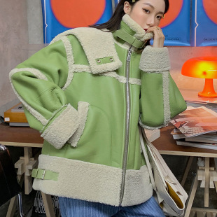 AF538气质韩版东大门宽松翻领绿色皮毛一体外套女设计感冬季新款-阿里巴巴