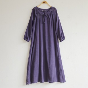 D9412 女式双层顺纡绉棉纱棉麻风七分袖中长款大摆连衣裙子-阿里巴巴