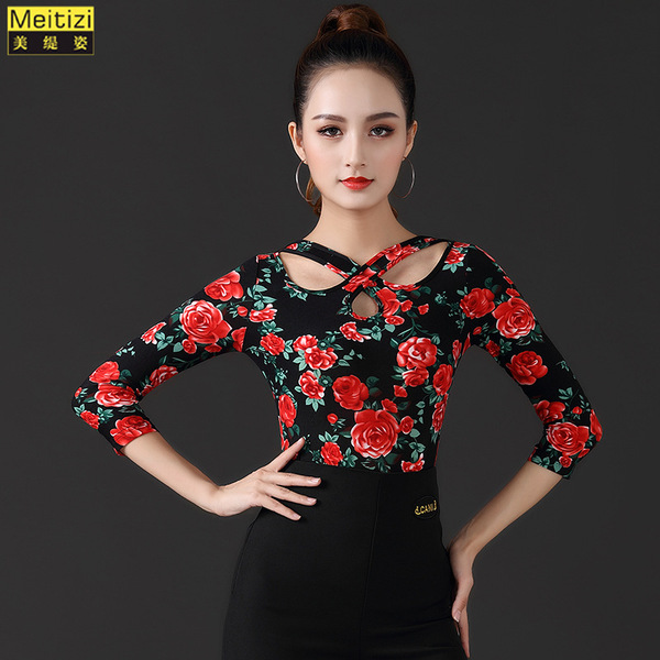 Red rose flowers leopard Latin Ballroom Dance Tops For Women short ...