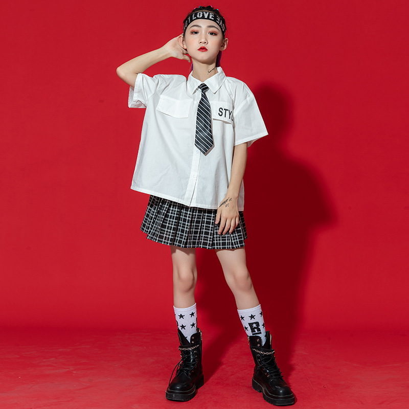 boy girls white plaid street jazz dance rapper singer dance outfits for ...