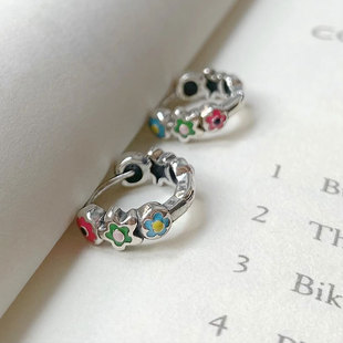 彩色花朵滴油耳扣女925纯银简约复古做旧泫雅风设计小花耳环E0956-阿里巴巴