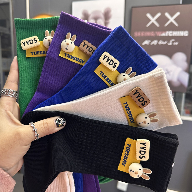 2023春季立体小兔子头像袜子女个性YYDS绿色紫色外穿中筒袜ins潮-阿里巴巴