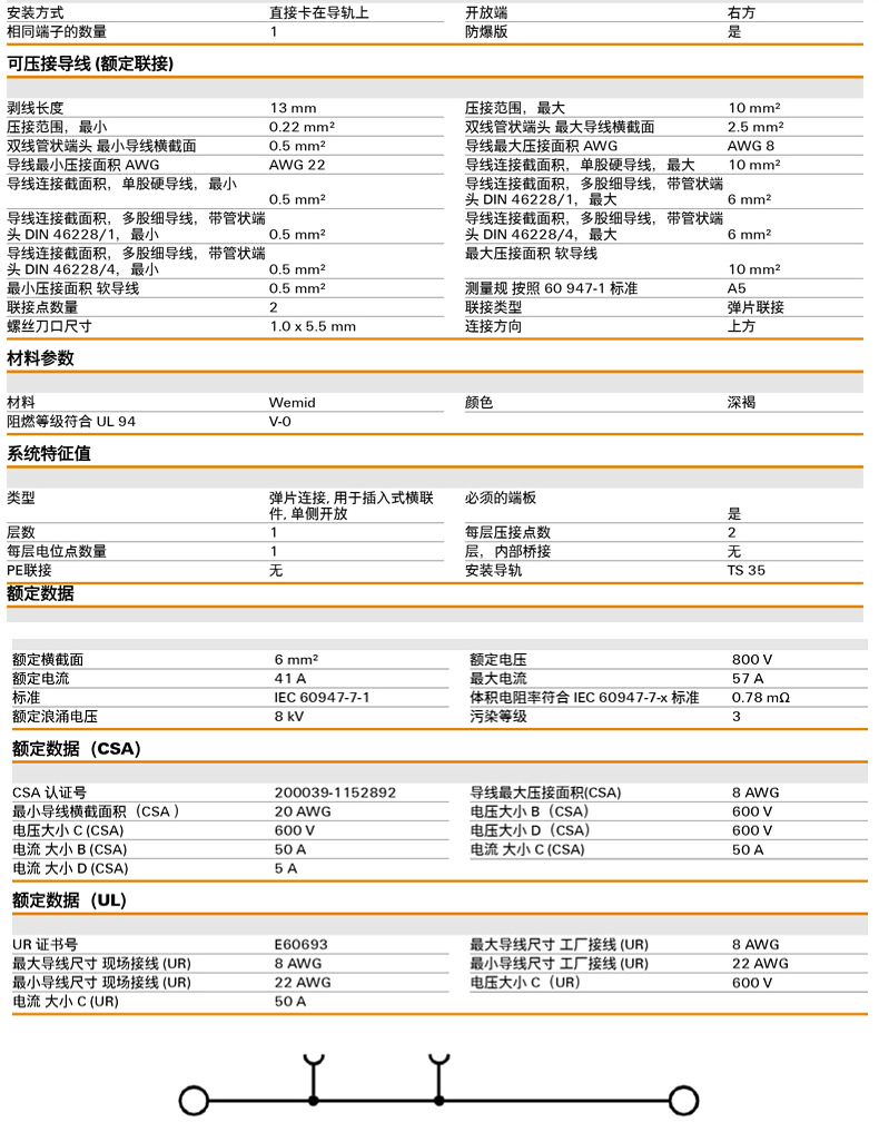 魏德米勒 6mm² 直通型接线端子 ZDU 6 41A 订货号：1608620000-阿里巴巴