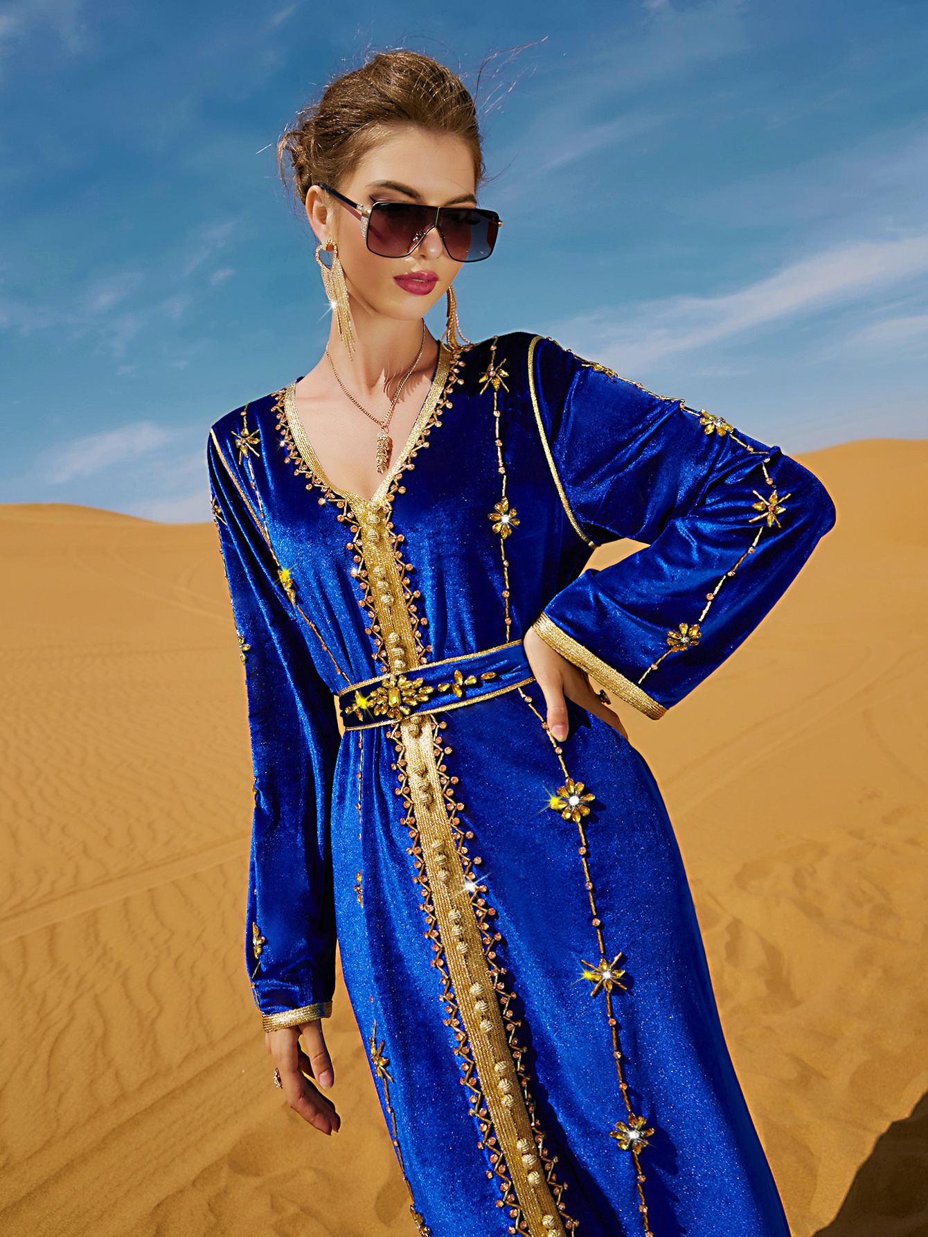 【订货】BA7010新款手工玻璃钻宝蓝色丝绒连衣裙 聚会长裙-阿里巴巴