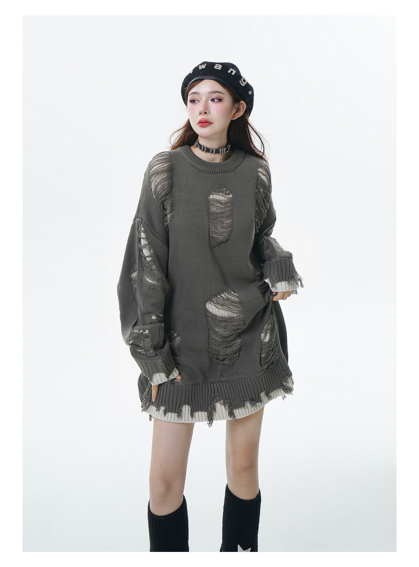 TIDE CARD LOG|秋冬oversize慵懒风美式复古假两件破洞毛衣女长袖-阿里巴巴