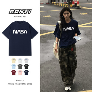 NASA ABOUT短袖男士夏季2025ins潮牌情侣装纯棉宽松运动半袖衣服-阿里巴巴