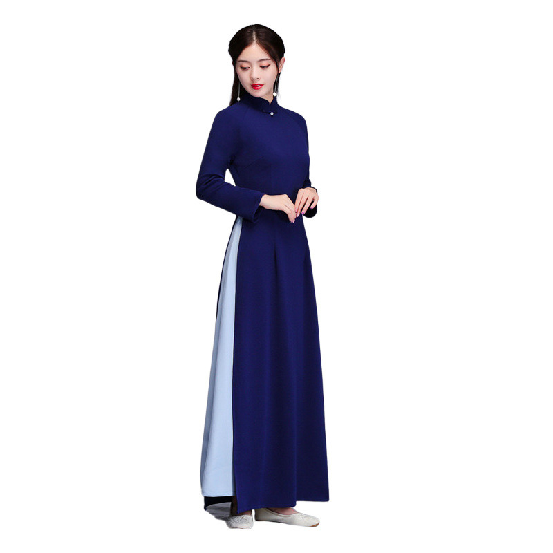 Navy Chinese style qipao dress oriental classical dance cheongsam hanfu ...