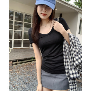 美式复古正肩U领白色T恤女2024夏季新款短袖修身显瘦微透薄款上衣-阿里巴巴