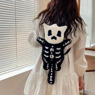 跨境新品Skeleton cat plush backpack骷髅猫万圣节玩偶毛绒背包-阿里巴巴