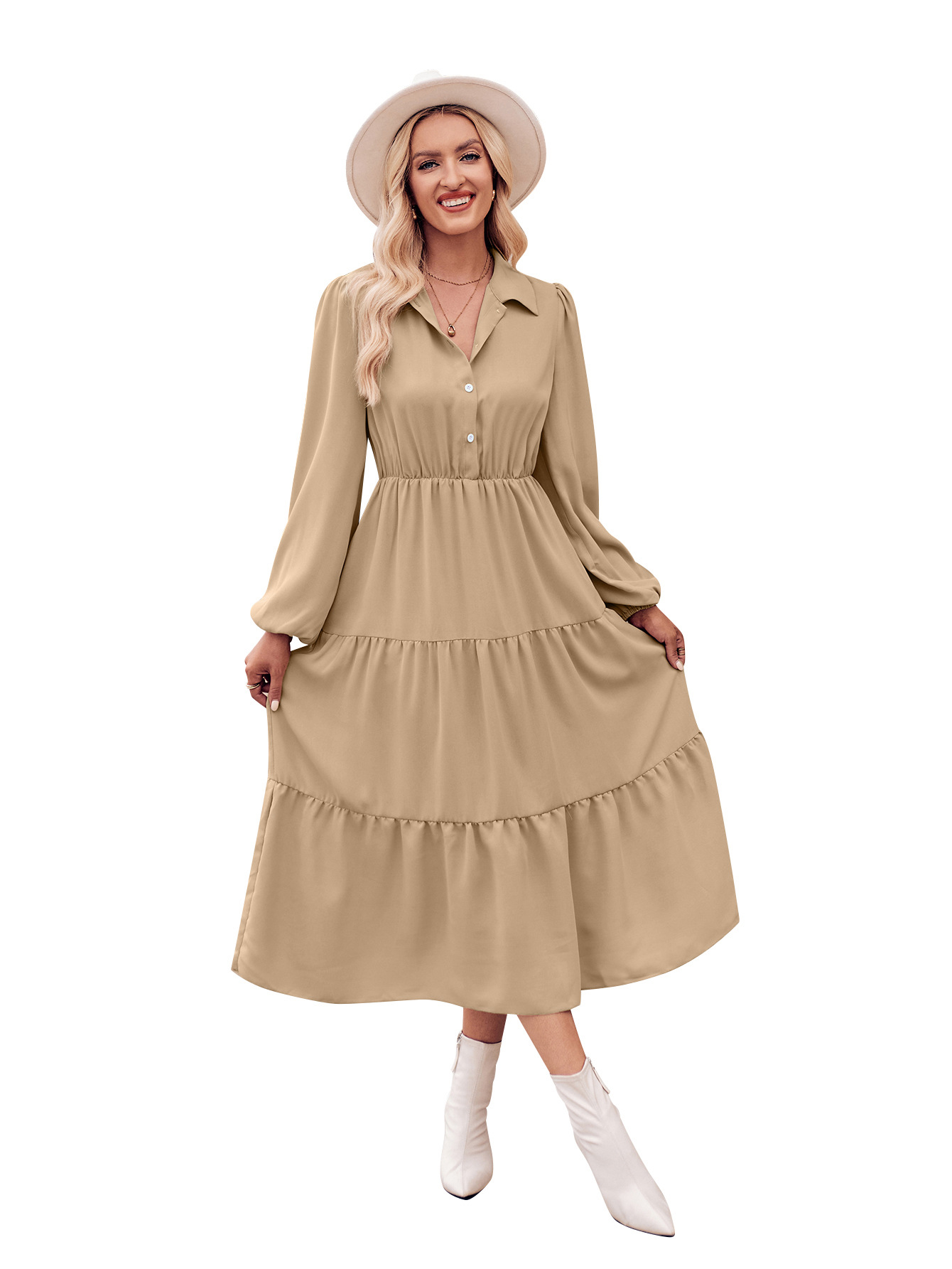 Fashion New Women's Solid Color Casual Waist Long Sleeve Maxi Dress