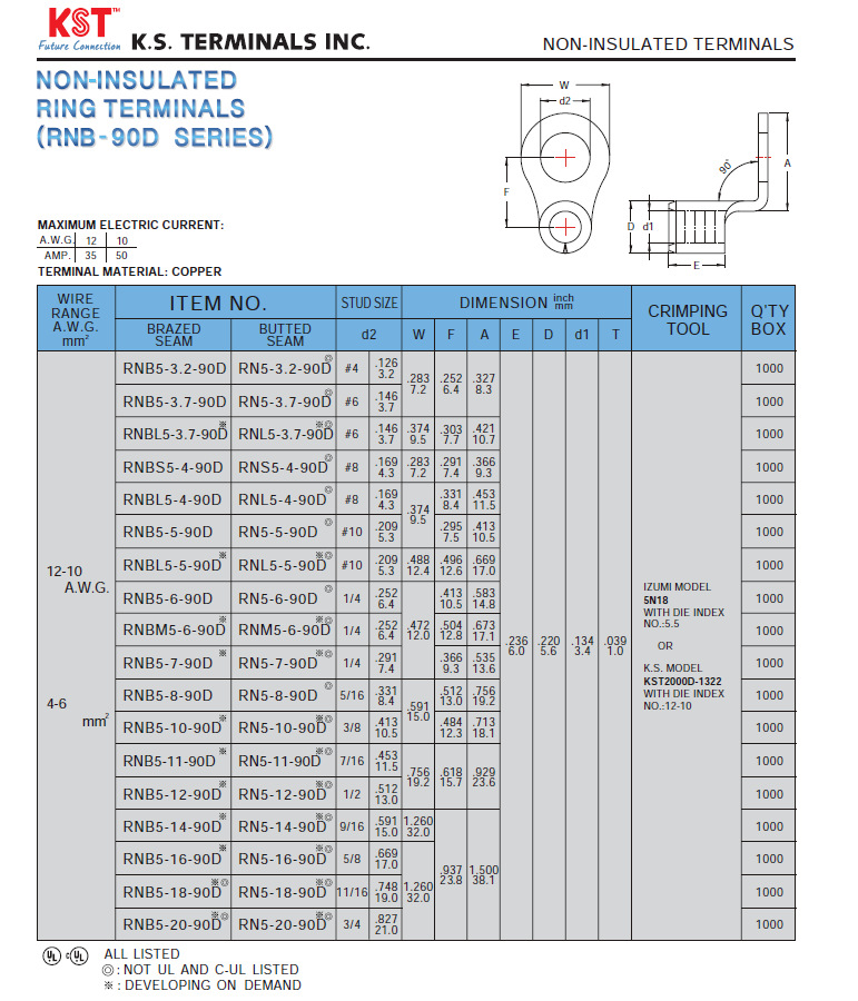 KST健和兴端子 RNBL5-4-90D 折弯90度K.S圆形裸端头5.5-4L UL CQC-阿里巴巴