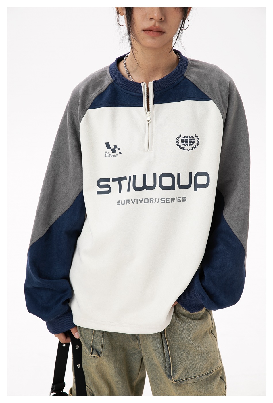 STIWAUP复古运动校园风套头宽松圆领卫衣男女麂皮绒拼色外套W639-阿里巴巴